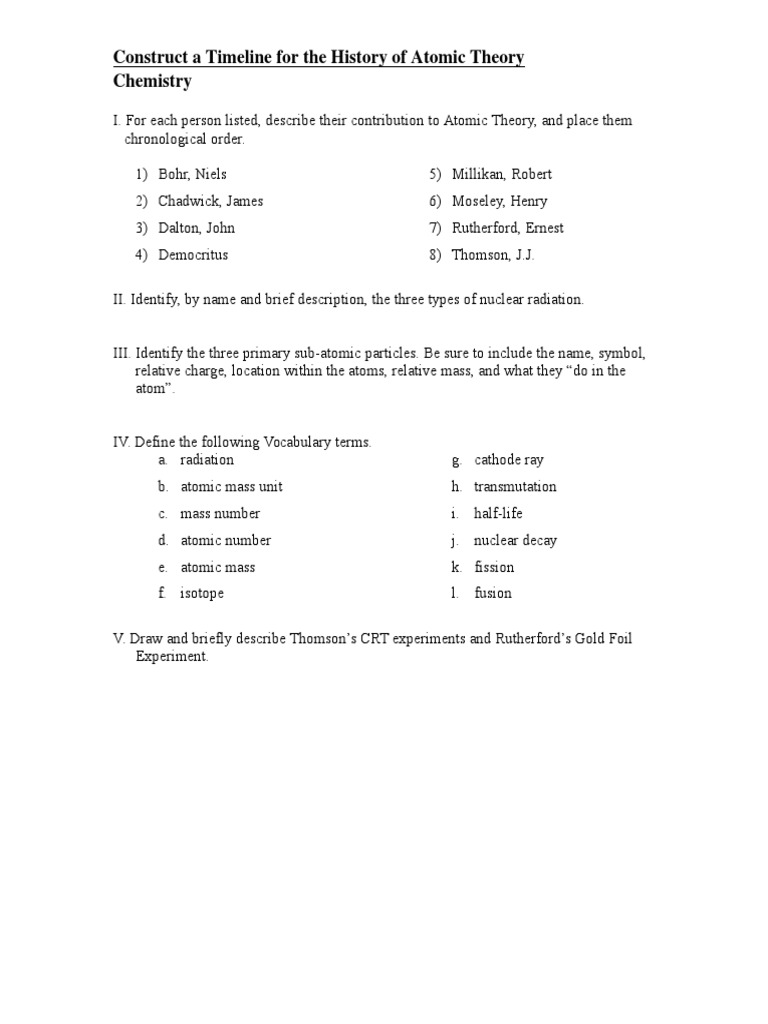 Construct A Timeline - Atomic Theory - Reg - Chem | PDF | Atoms ...