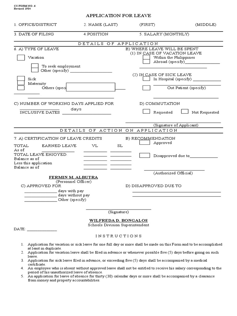 Form 6 Leave Application Form | PDF