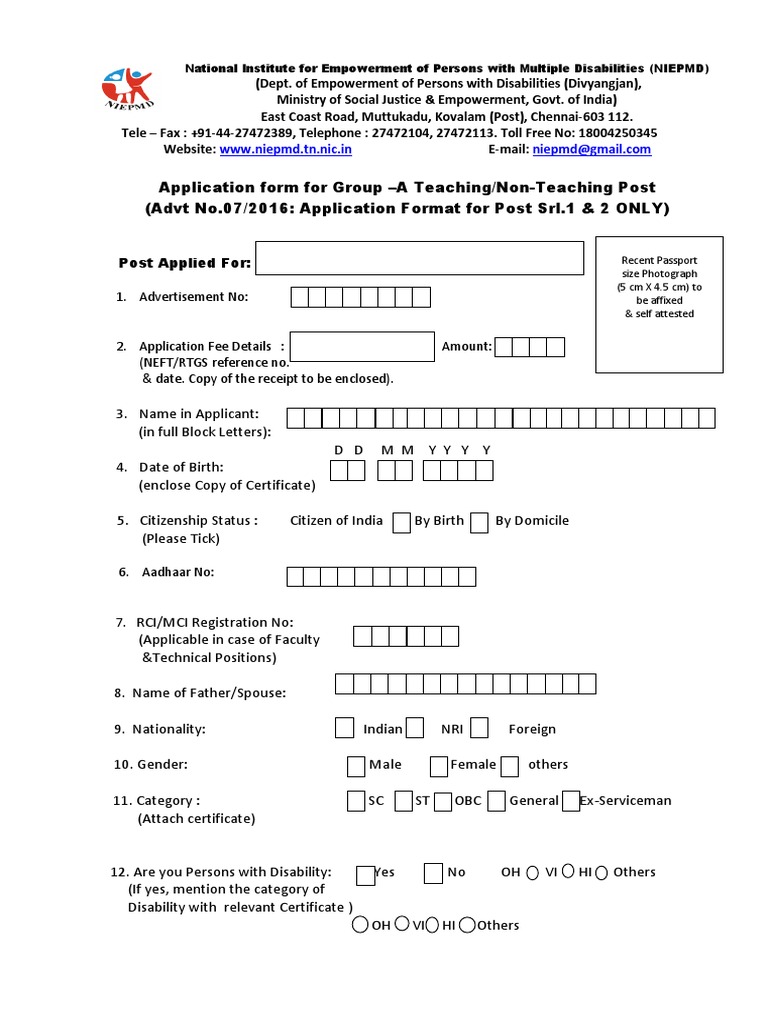 Application NIEPMD Teaching Non Teaching Posts For S.no 1 2 | PDF