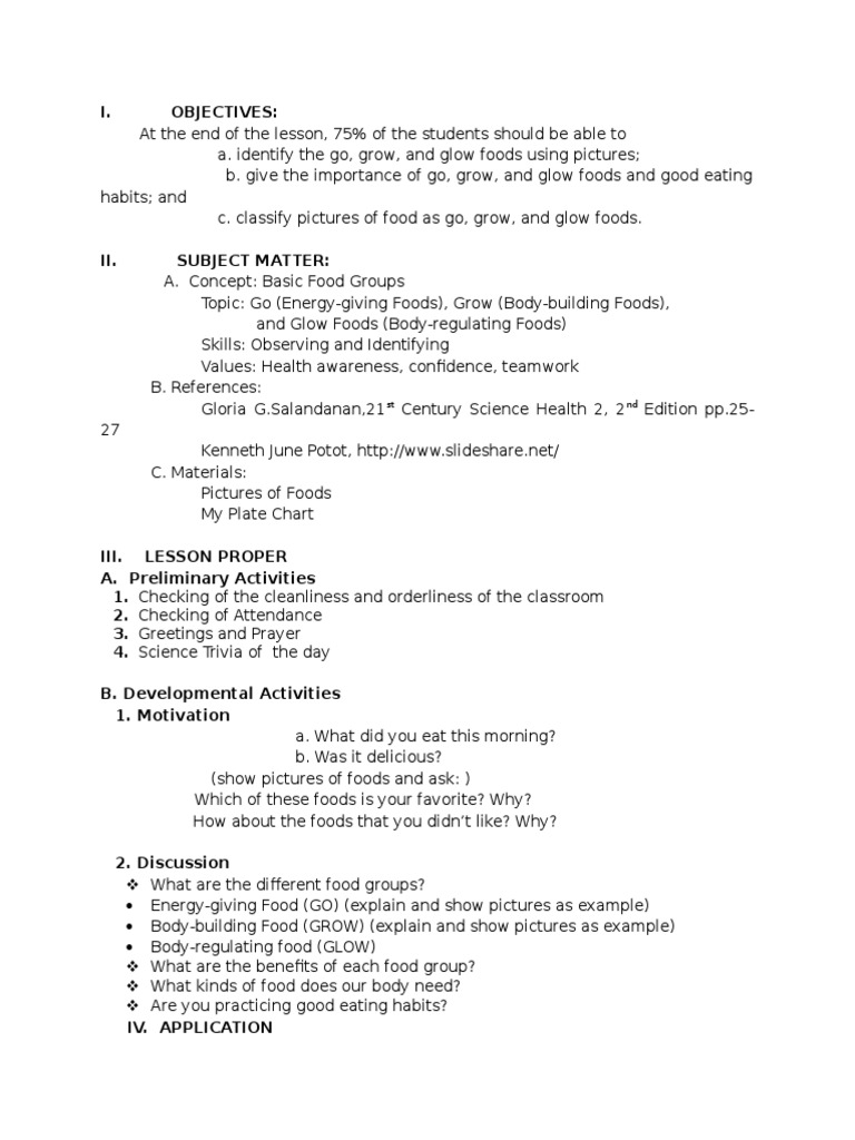 A Lesson Plan in Science GO, GROW & GLOW | PDF | Lesson Plan | Foods