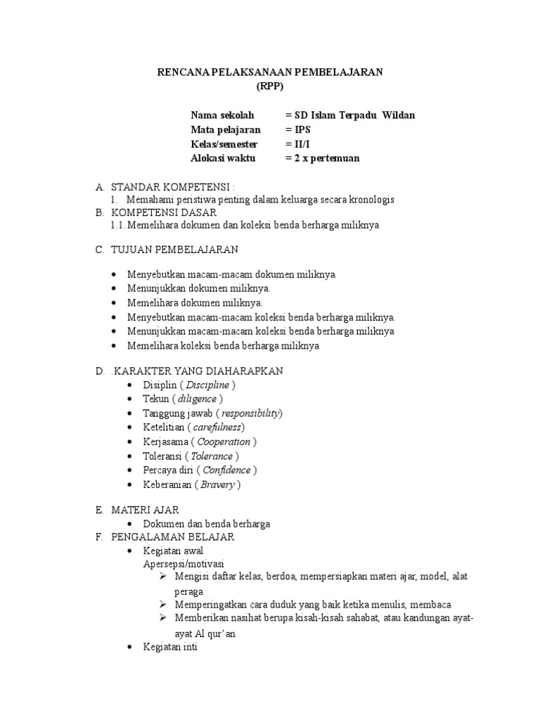 RPP IPS Kelas 2 SD Islam Terpadu | PDF | Karier & Perkembangan