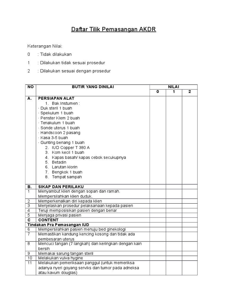 Daftar Tilik Pemasangan AKDR | PDF