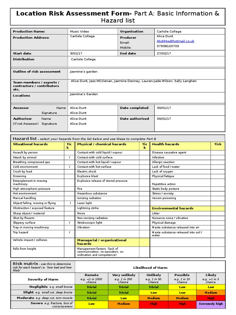 Location Risk Assessment Form-Part A: Basic Information &: Hazard List ...