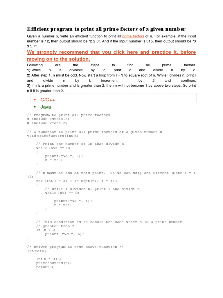 Efficient Program To Print All Prime Factors of A Given Number | PDF