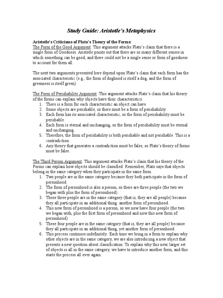 Study Guide: Aristotle's Metaphysics: Aristotle's Criticisms of Plato's ...