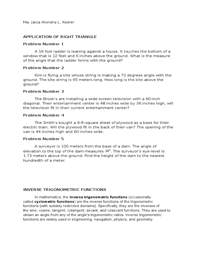 Application of Right Triangle Problem Number 1 | PDF | Trigonometric ...