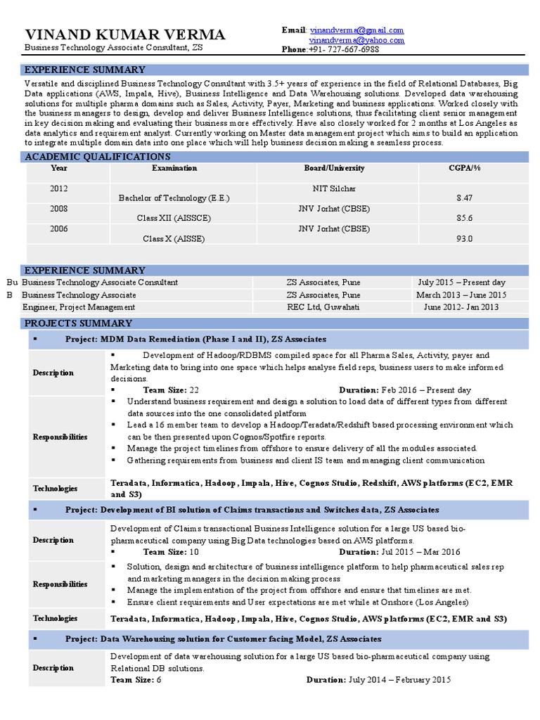 Vinand Kumar Verma: Experience Summary | PDF | Business Intelligence | Apache Hadoop