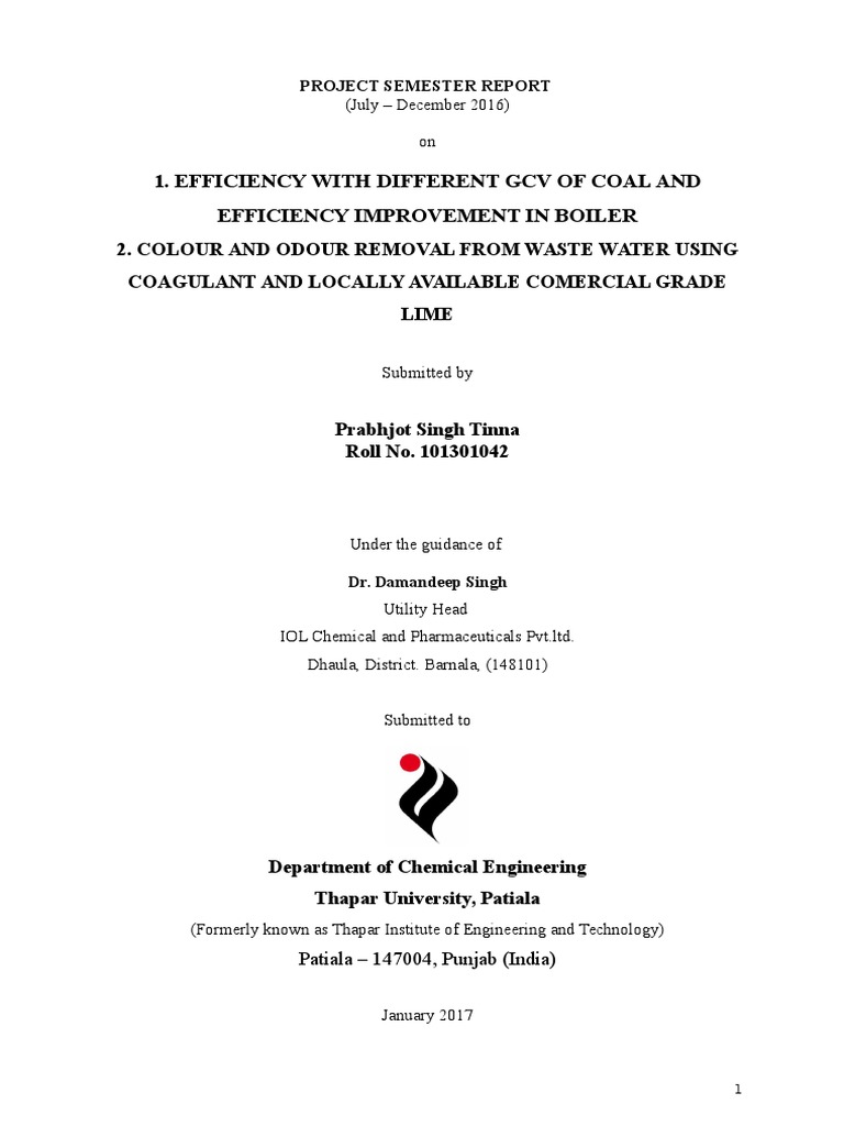 Project Semester Report | PDF | Boiler | Filtration