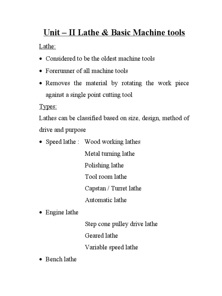 Unit - II Lathe & Basic Machine Tools | PDF | Drill | Gear
