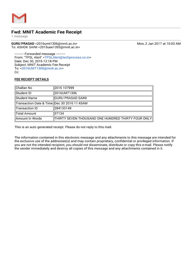 MNIT Academic Fee Receipt Details | PDF | Career & Growth | Business