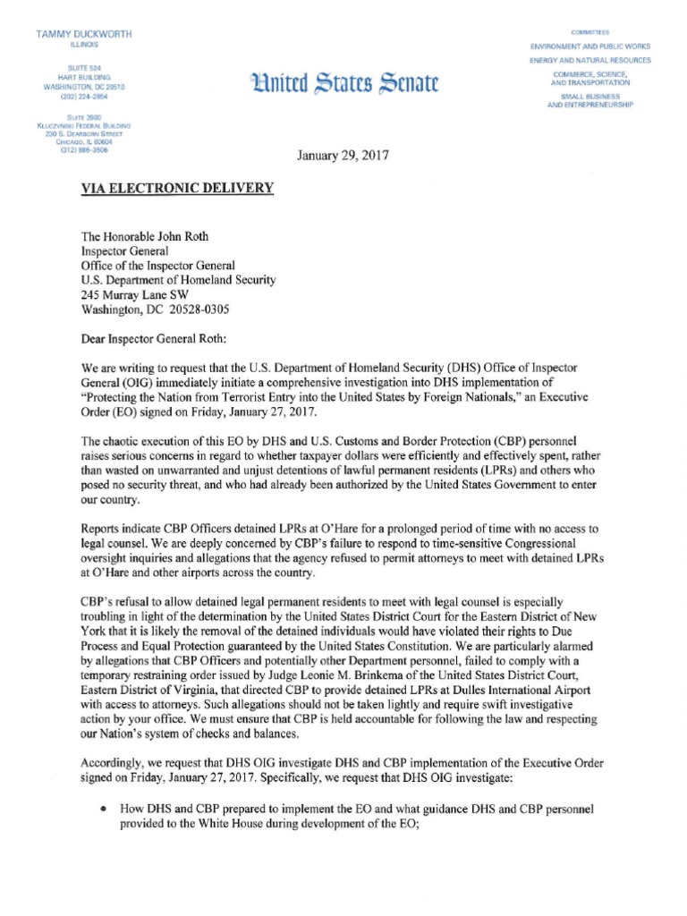 Duckworth-Durbin Letter To DHS OIG - CBP Investigation | PDF