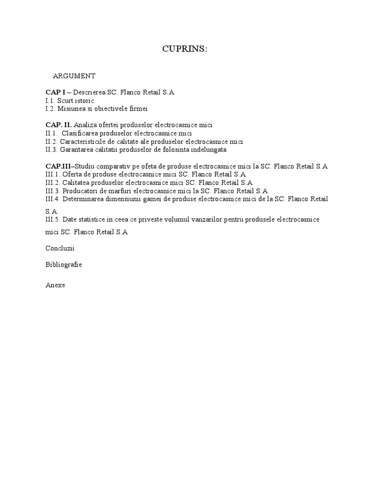 Cuprins:: CAP I - Descrierea SC. Flanco Retail S.A | PDF