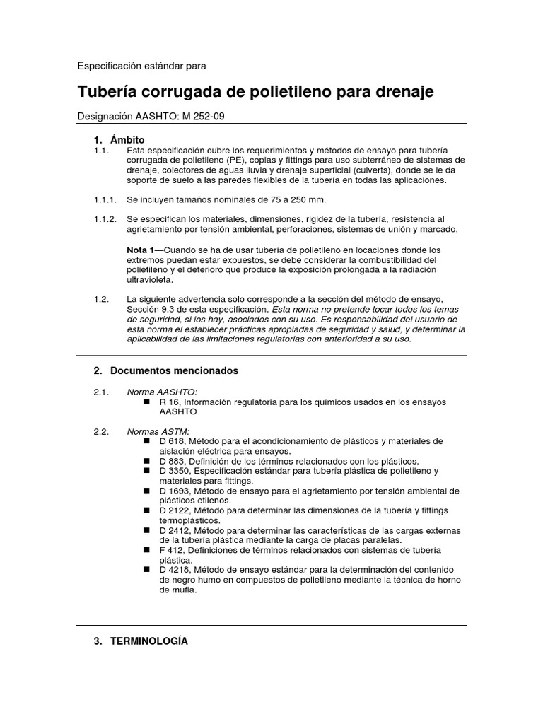 AASHTO M 252-09 ESP Tuberia Corrugada de PE para Drenaje | PDF ...