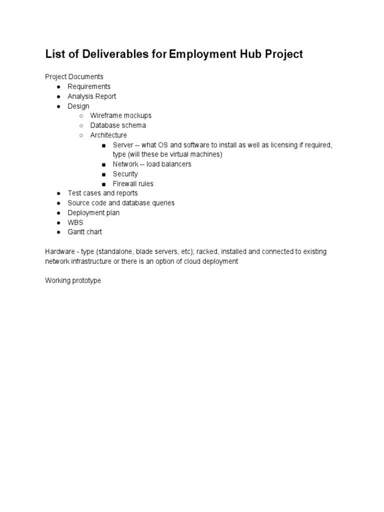 List of Deliverables For Employment Hub Project | PDF