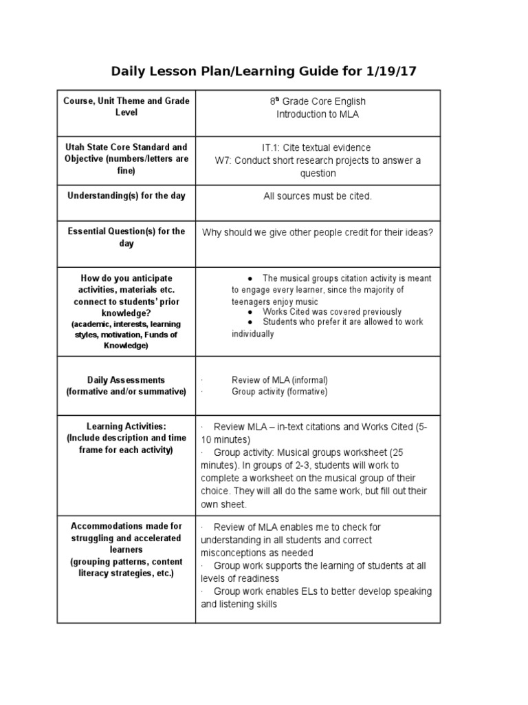 8th Grade MLA Lesson Plan Guide | PDF | Career & Growth | Language Arts ...