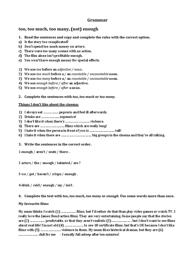 Grammar Too, Too Much, Too Many, (Not) Enough | PDF | Ellipsis | Noun