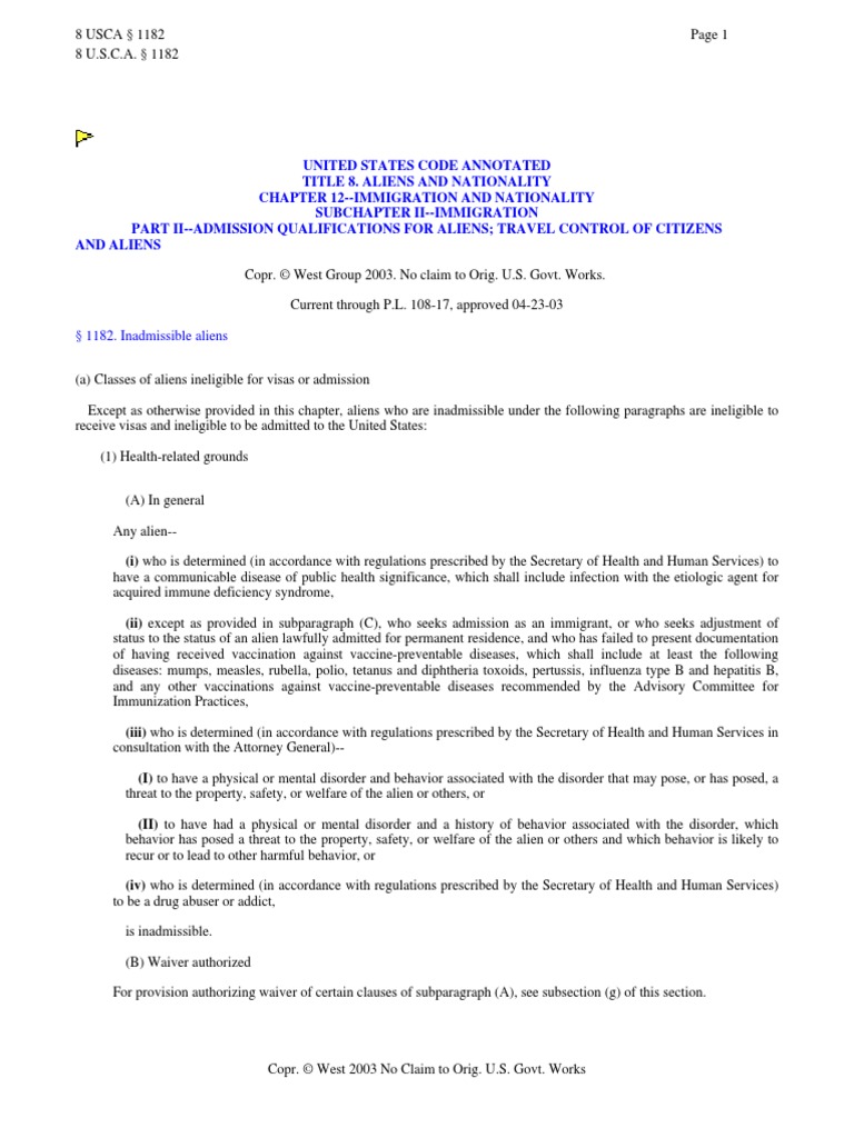 US Code 1182 Chapter 12 - Immigration and Nationality | PDF | United ...