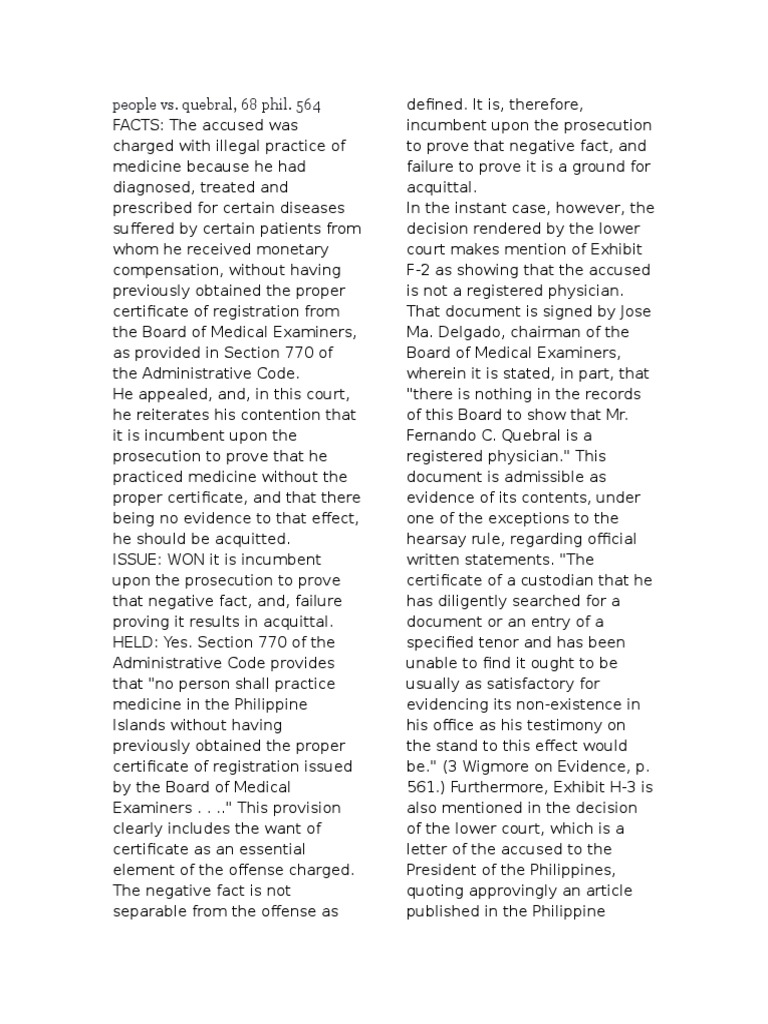 People vs. Quebral, 68 Phil. 564 | PDF | Negligence | Medical Prescription