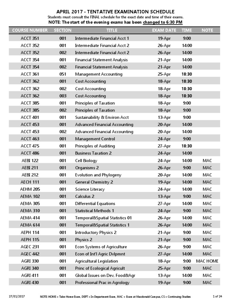 April 2017 - Tentative Examination Schedule: Course Number Section ...