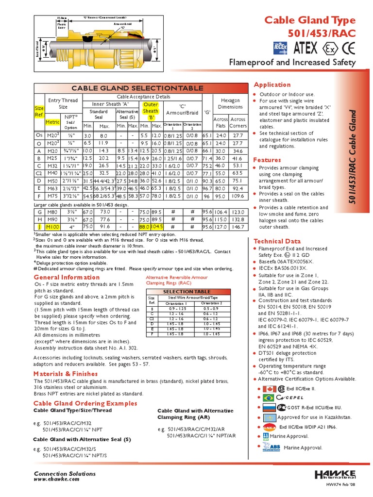 501/453/RAC Cable Gland Type: Flameproof and Increased Safety | PDF | Cable | Mechanical Engineering