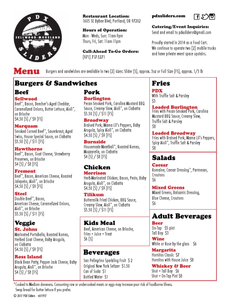 PDX Sliders Food Menu, 1.30.17 | PDF