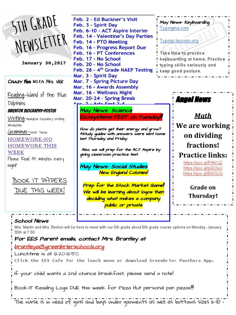5th Grade Newsletter | PDF