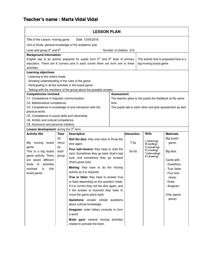 Big Moving Board Game Lesson Plan | PDF | Language Arts & Discipline