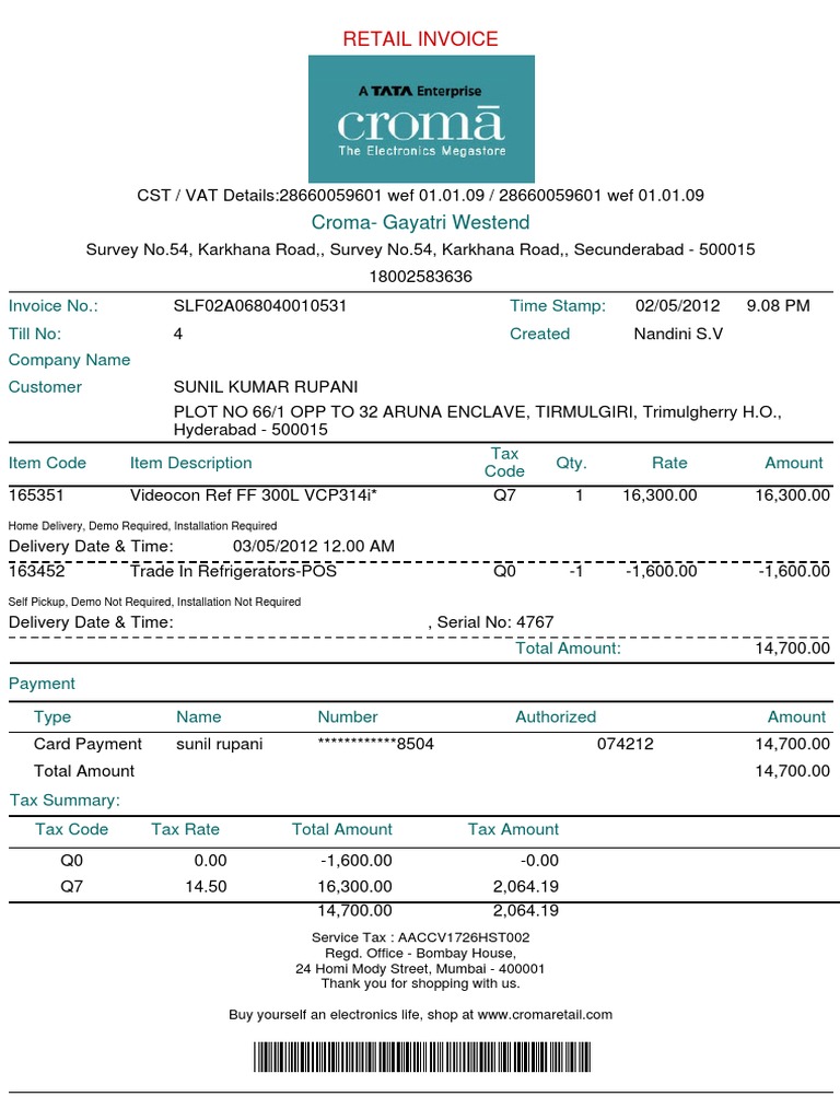 Croma-Gayatri Westend: Retail Invoice | PDF | Computing | Science