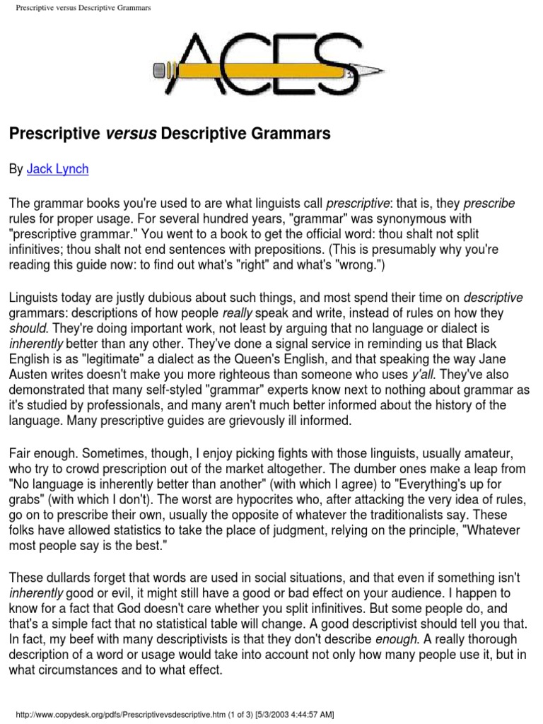 Prescriptive Vs Descriptive | PDF | Grammar | English Language