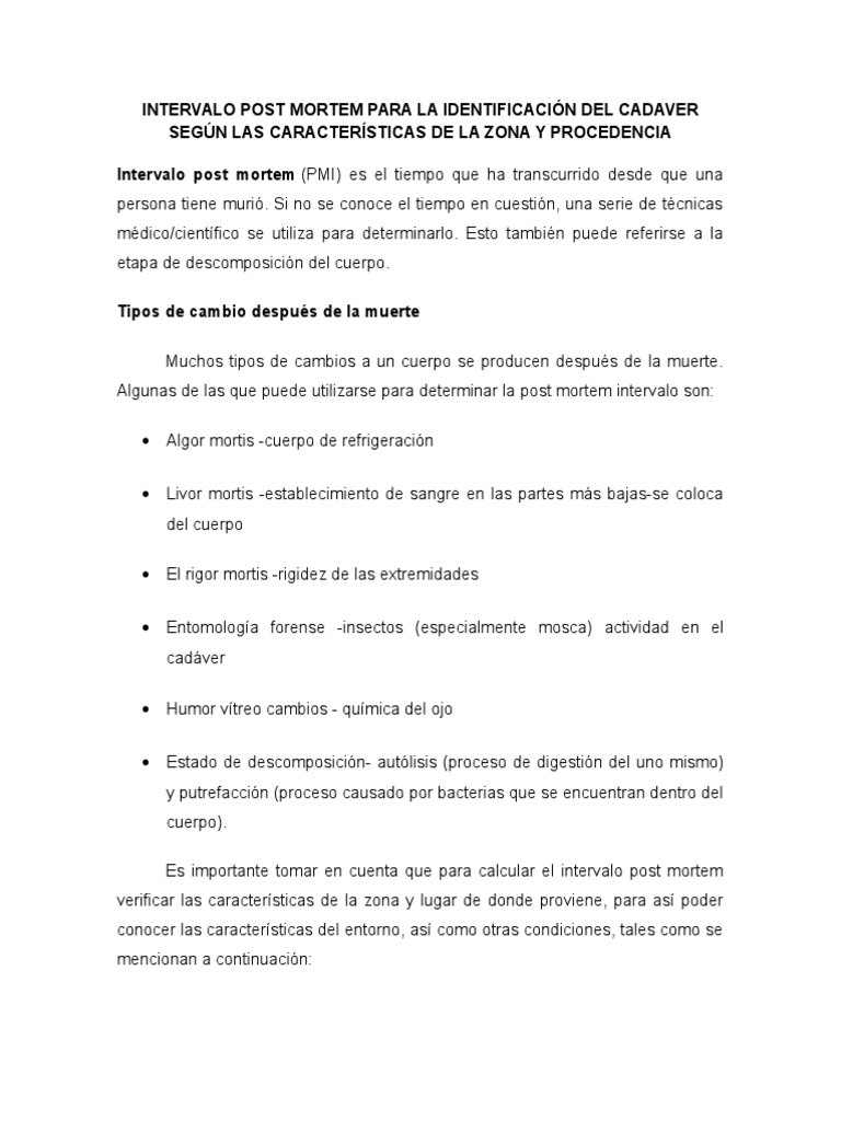 Intervalo Post Mortem para La Identificación Del Cadaver Según Las Características de La Zona y ...