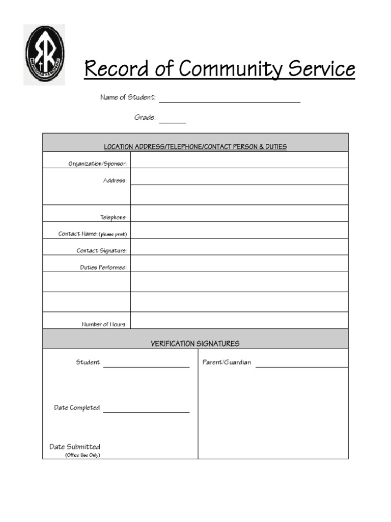 Record of Community Service: Name of Student: Grade | PDF