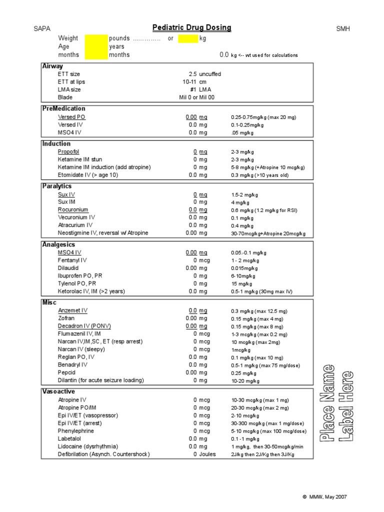 Peds Drug Calc | PDF | Pharmacology | Rtt