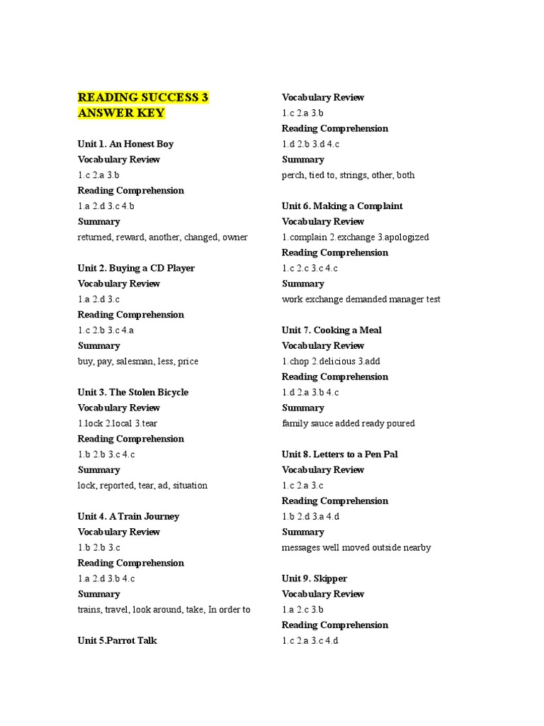 Reading Success 3 - Answer Key | PDF | Reading Comprehension