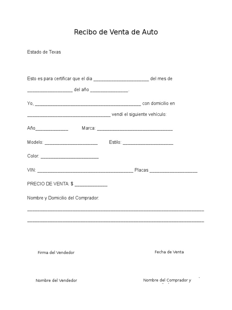Recibo de Venta Auto TX | Vehículo de motor | Coche