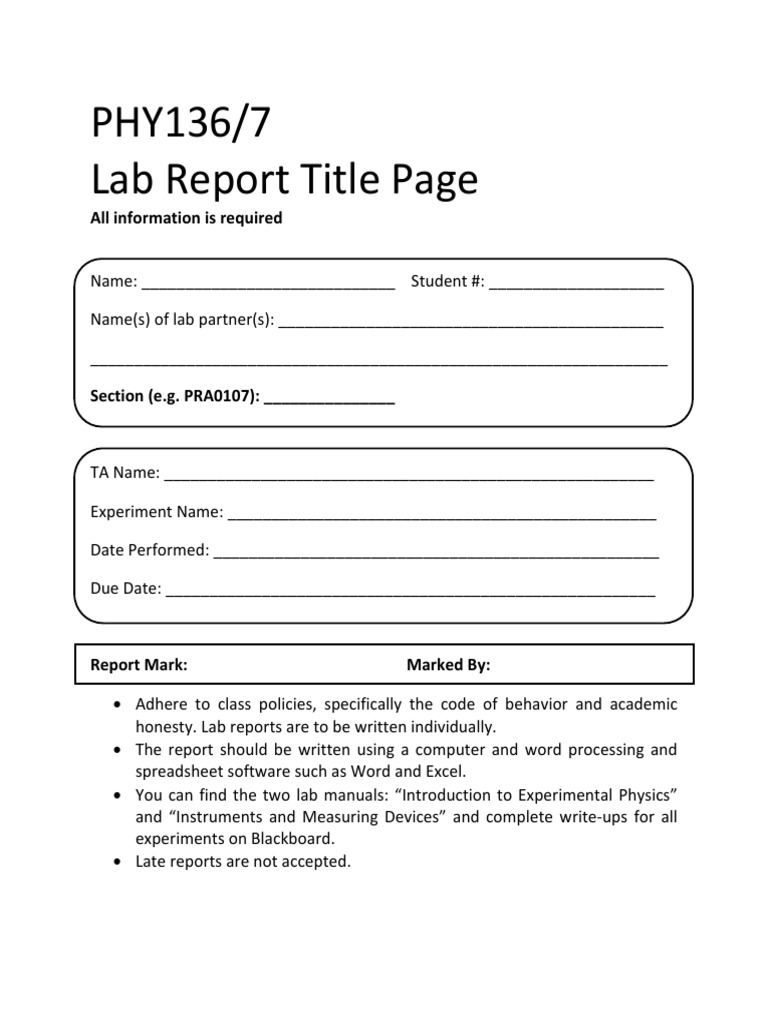 PHY136/7 Lab Report Title Page: All Information Is Required | PDF