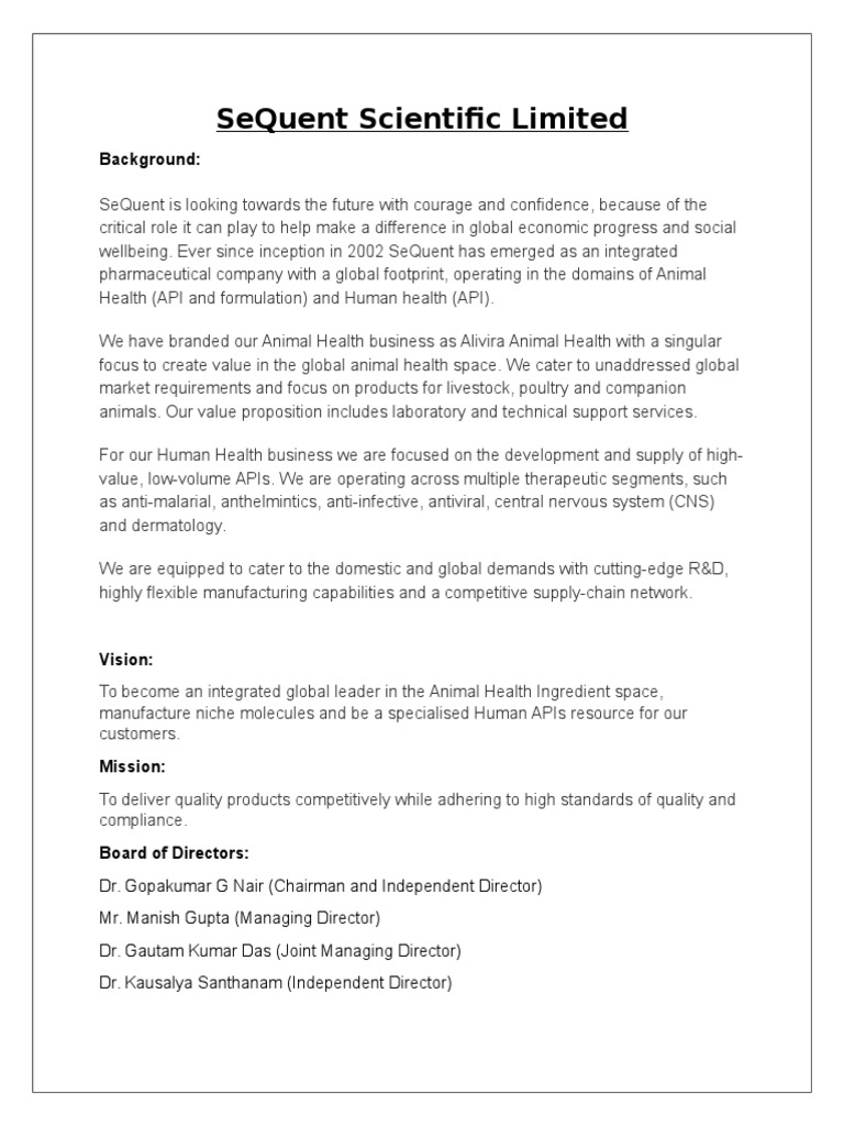 Sequent Scientific Limited: Background | PDF