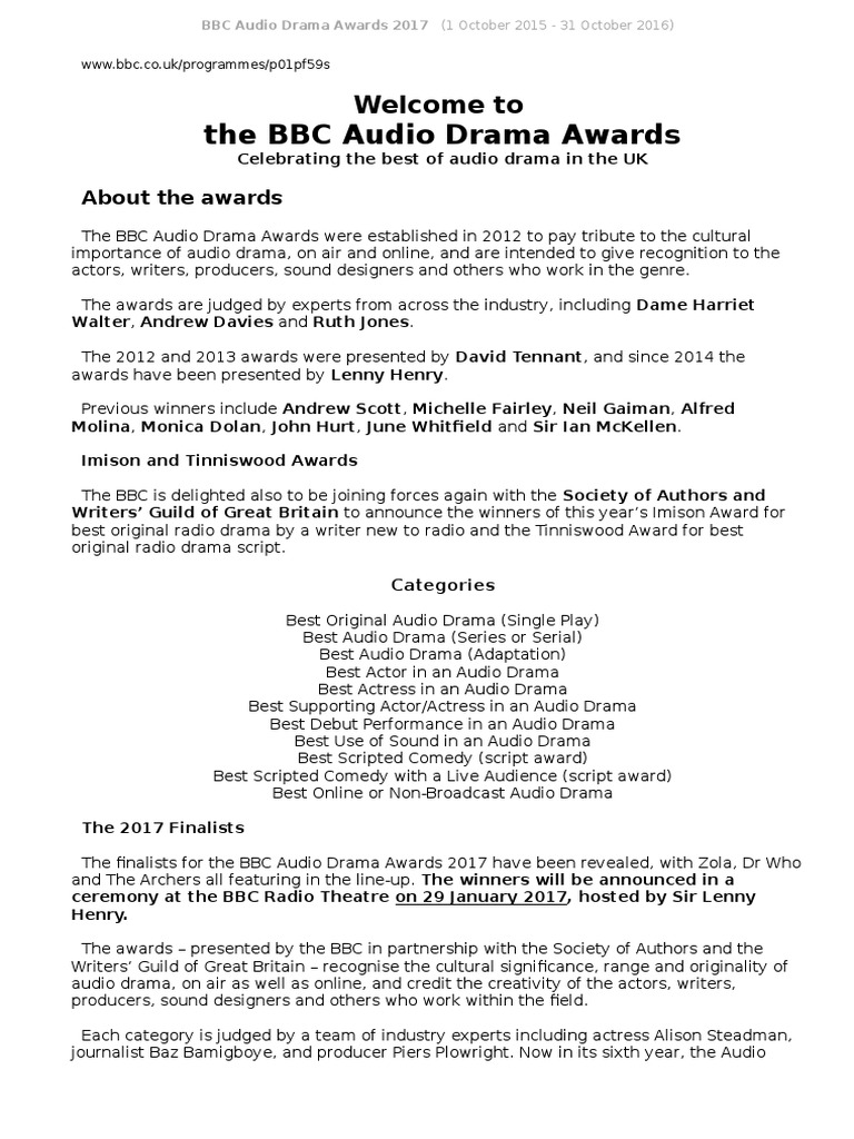 BBC Audio Drama Awards 2017: Recognizing Excellence in Audio Drama ...