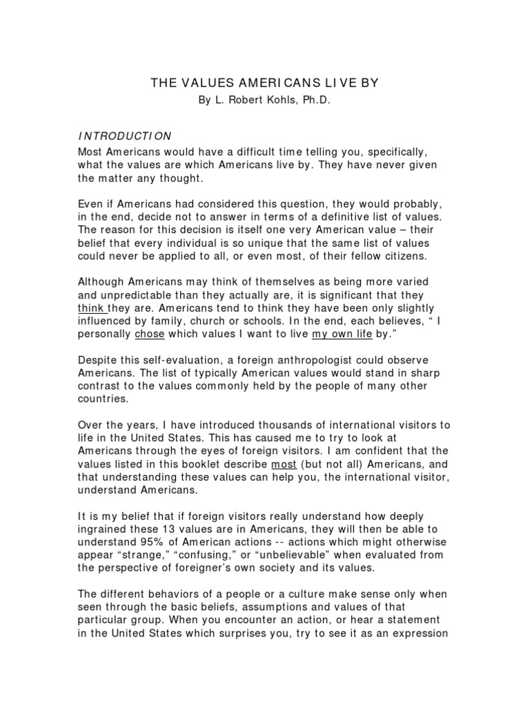 Robert Kohls The Values Americans Live by PDF | PDF | Value (Ethics ...