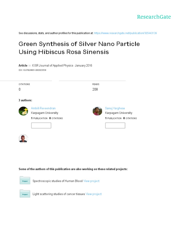 Green Synthesis of Silver Nano Particle Using Hibiscus Rosa Sinensis | PDF | Nanoparticle | Silver