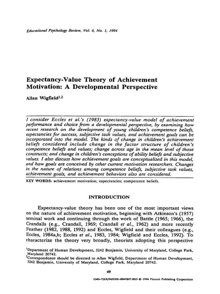 Expectancy-Value Theory in Achievement Motivation | PDF | Motivation ...