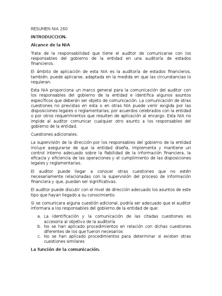 Resumen NIA 260 | PDF | Contralor | Auditoría financiera