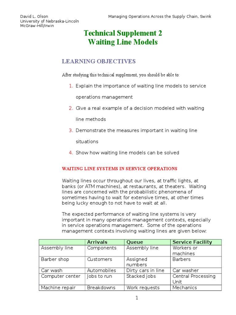 Waiting Line Models | PDF | Mean | Inventory