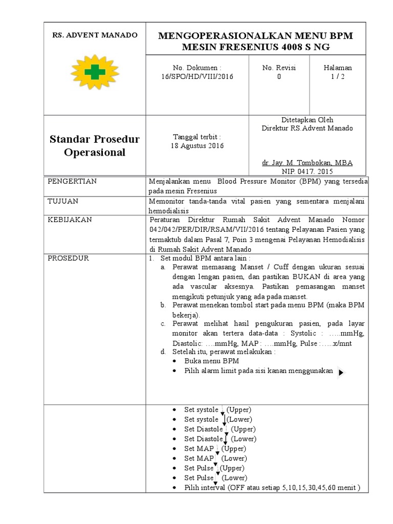 Spo Mengoperasionalkan Menu BPM Mesin Fresenius 4008 S NG Ok 16 | PDF