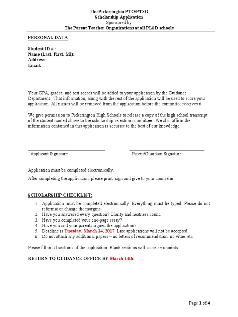 Pickerington PTO/PTSO Scholarship Form | PDF | Learning | Schools