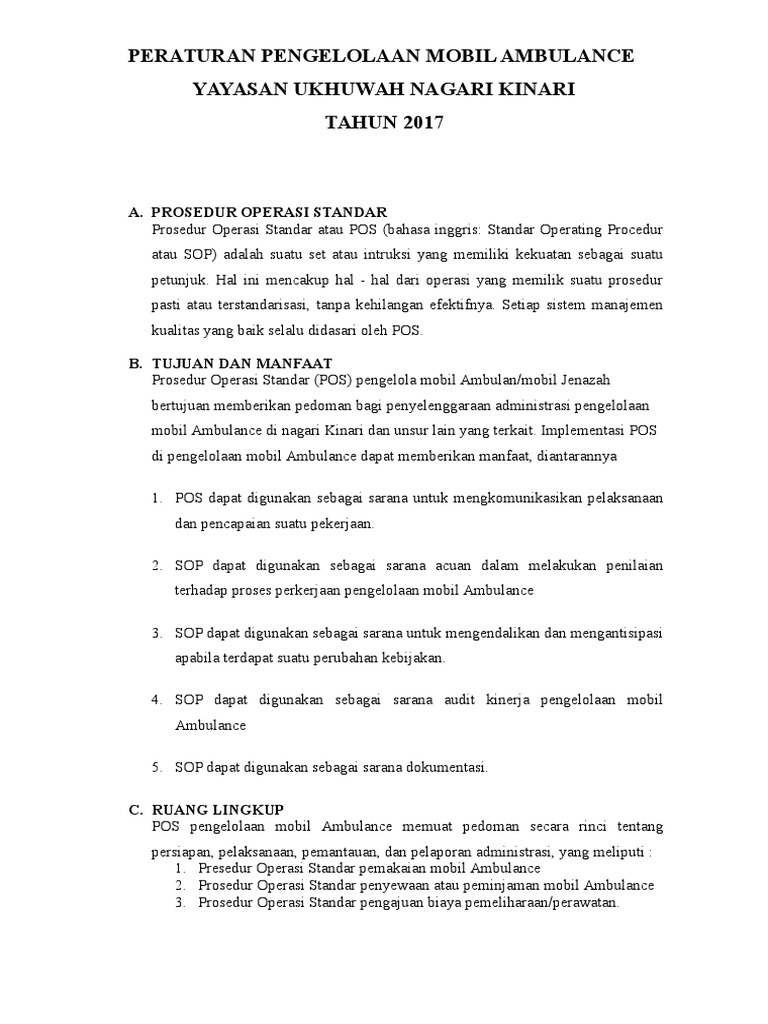 SOP Ambulans Yayasan Kinari | PDF | Teknologi & Rekayasa
