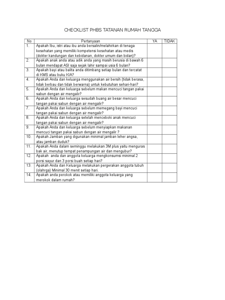 Checklist Phbs Rumah Tangga | PDF
