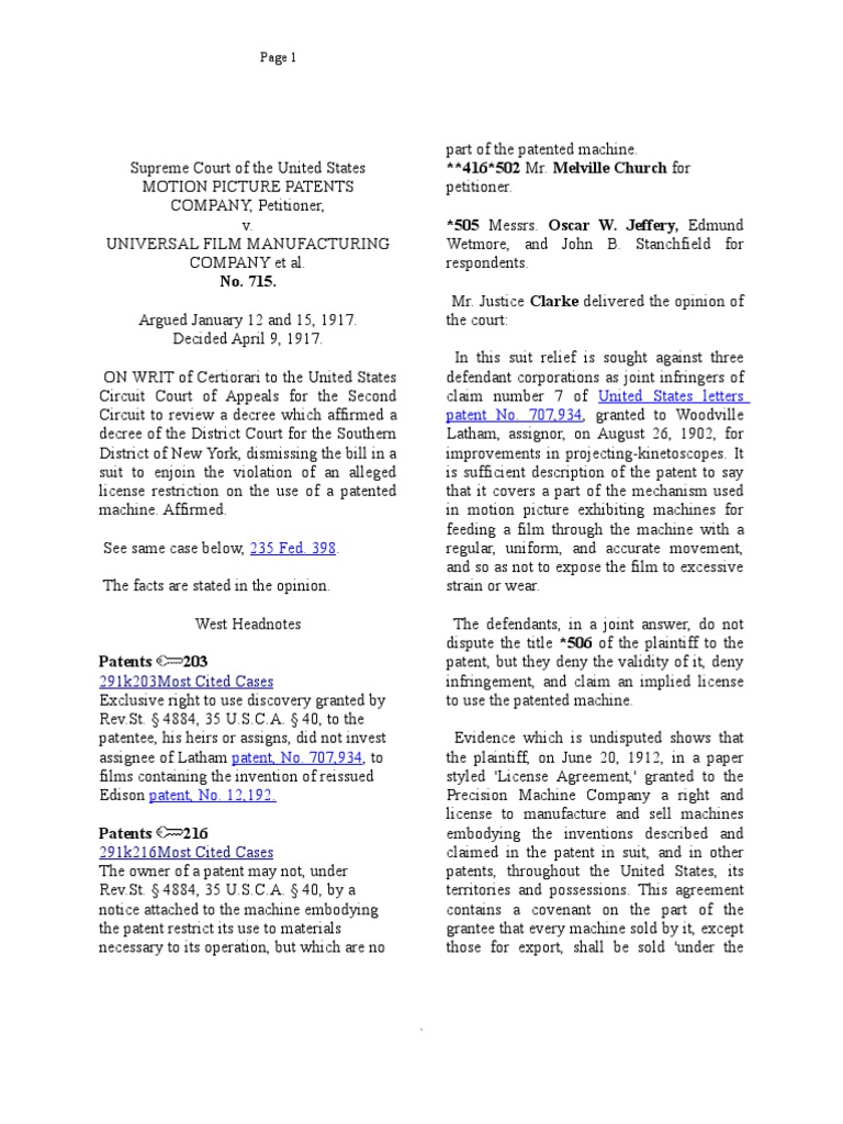 Motion Picture Patents (USSC) | PDF | Glossary Of Patent Law Terms | Patent