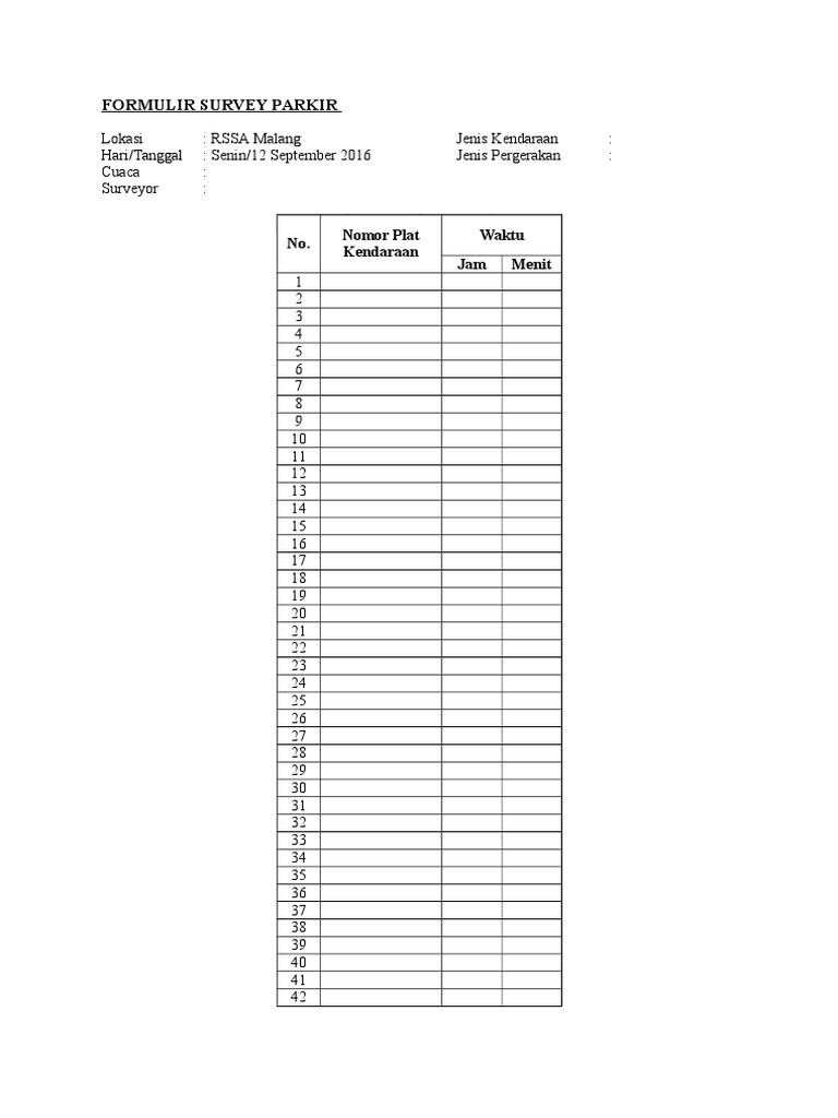RSSA Malang Parking Survey Form | PDF | Surveying