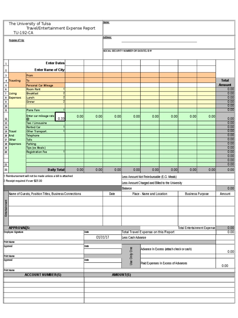 The University of Tulsa Travel/Entertainment Expense Report TU-192-CA ...