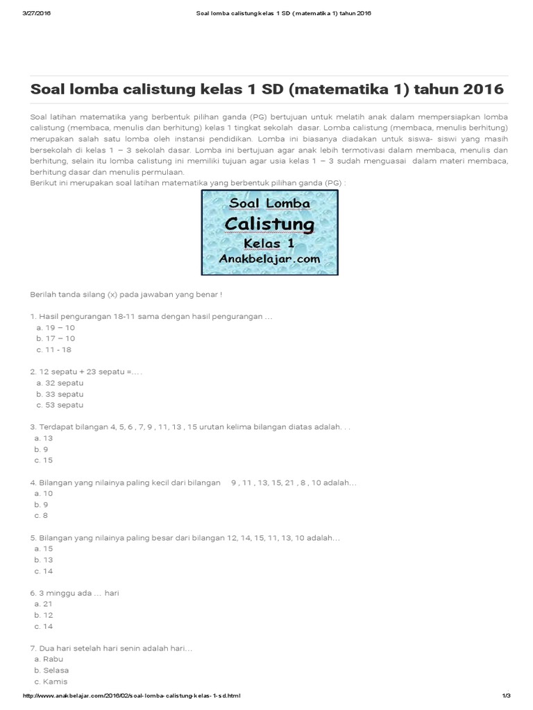 Soal Lomba Calistung Kelas 1 SD | PDF